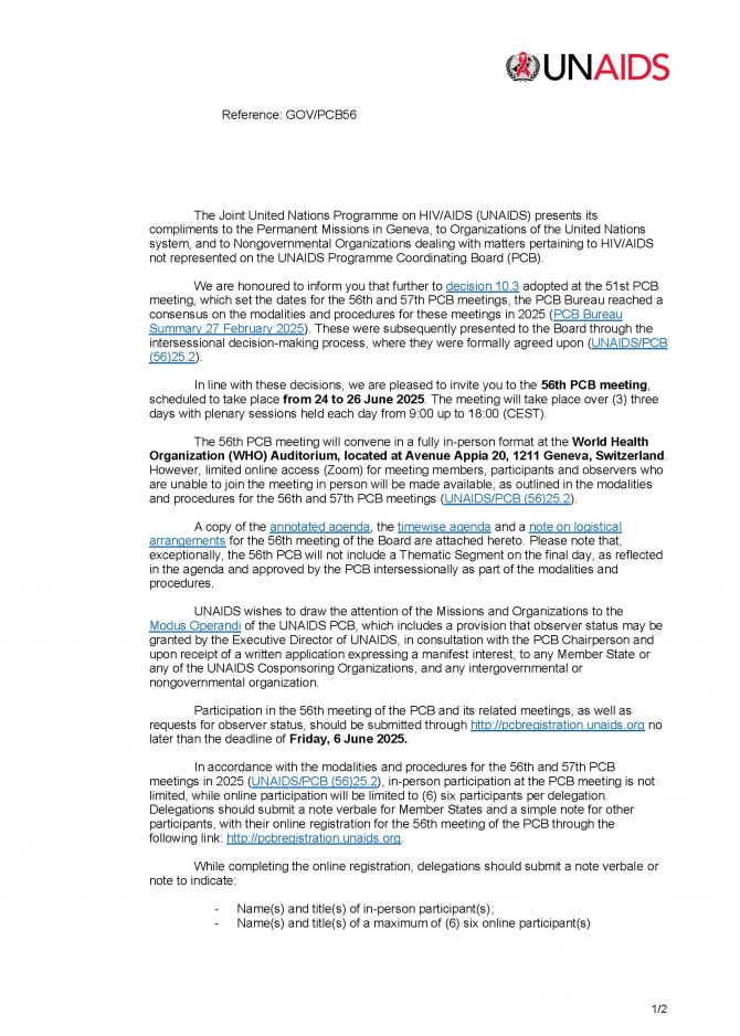 56th meeting, UNAIDS Programme Coordinating Board, 24-26 June 2025 | UNAIDS